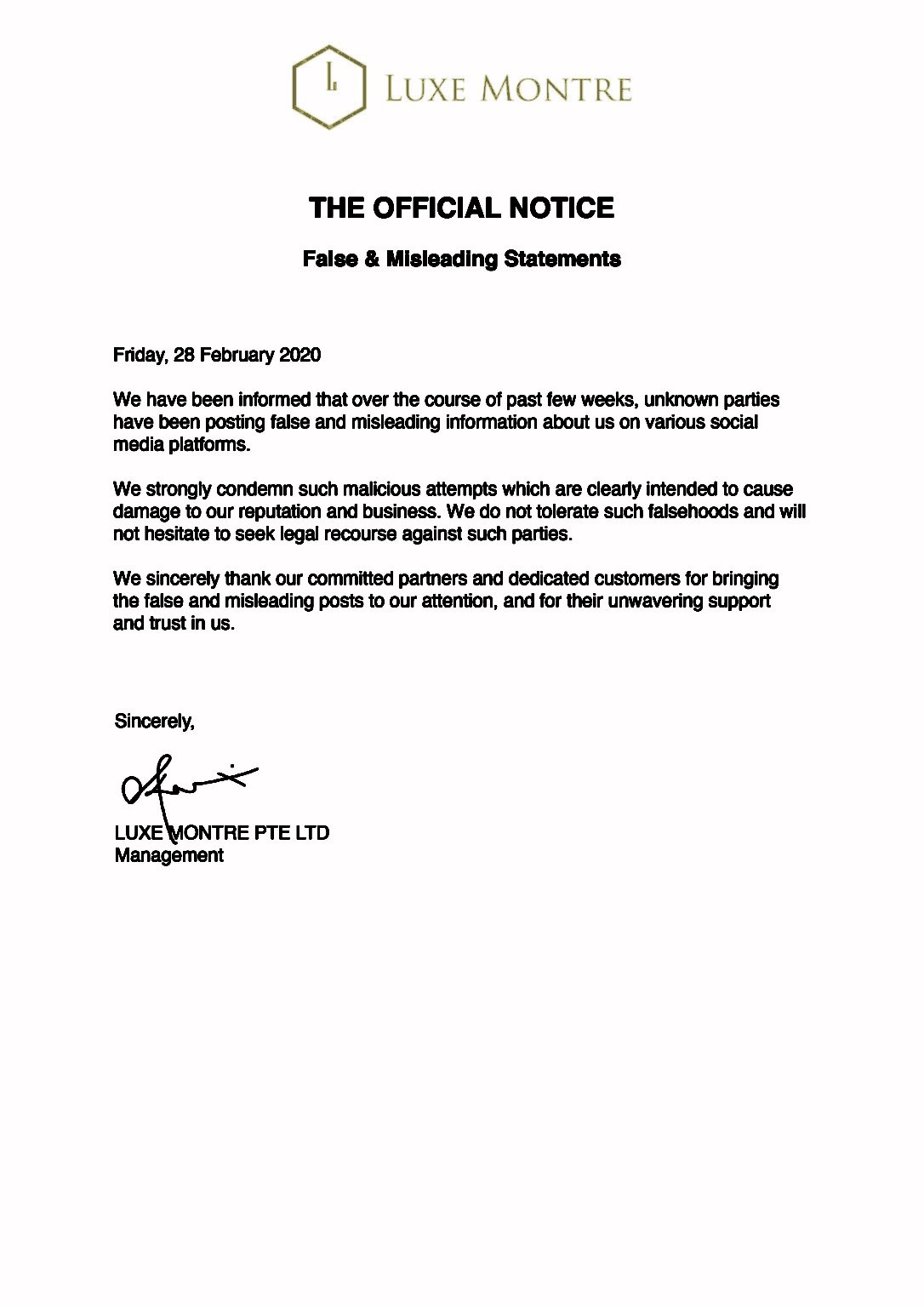 NOTICE OF FALSE & MISLEADING STATEMENTS - LUXE MONTRE SG